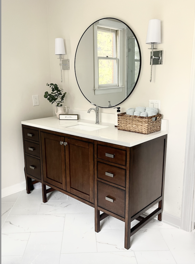 Bathroom Makeover with Dark Wood Vanities - Beneath My Heart
